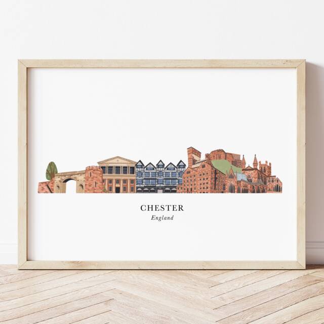 Chester Skyline Print, Hand Drawn Illustrated Poster, Colourful Art ...