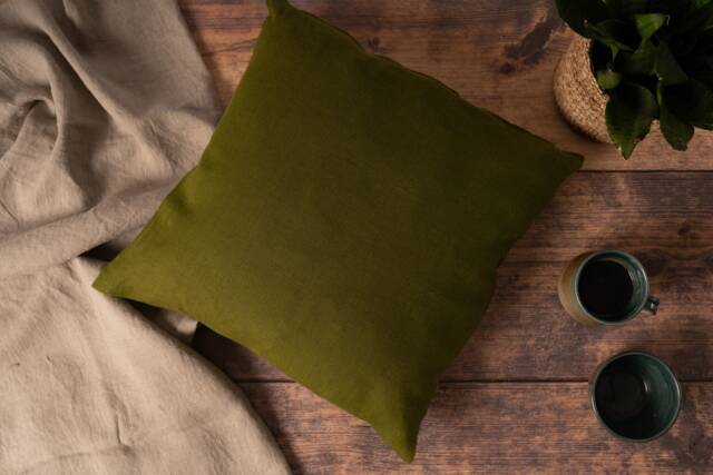 Moss Green Linen Cushion Cover, Softened Pure Cushions With Zipper 45cm ...