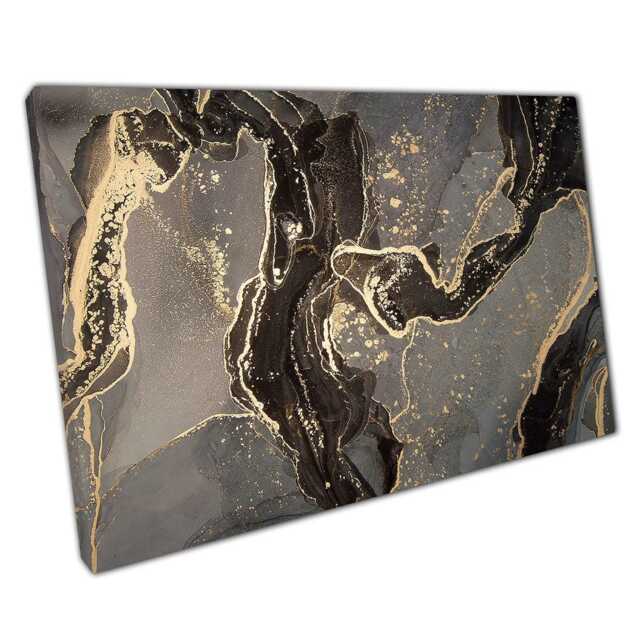 Fluid Alcohol Ink Wall Art Print - Minimalist Black Grey Gold Marbling ...