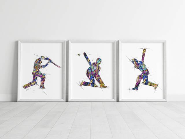 Watercolour Cricket Set, Men's Prints, Set Of Wall Art, 3 Batsman Art ...