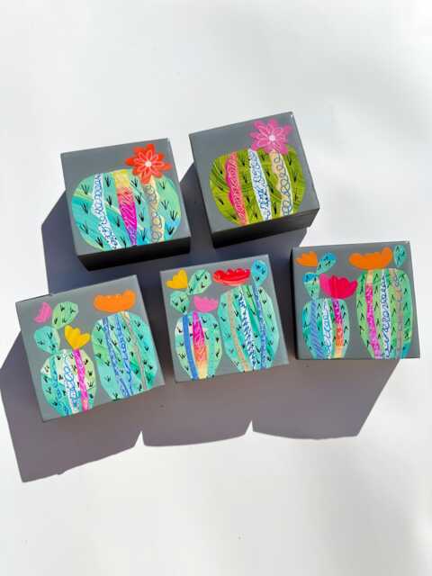 Prickly Pear & Barrel Cactus Art/ 4x4 Block/Original Paper Collage ...