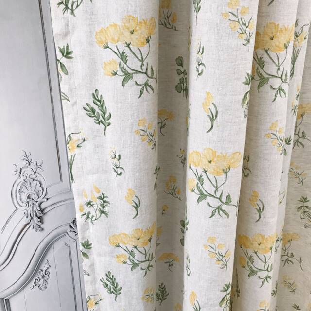 Modern Vintage Pale Yellow Floral Pattern Washed Linen Curtain On Soft Light Melange Drapery 53 ...