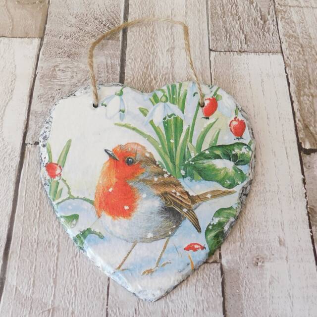 Robin & Snowdrops Slate Heart Plaque Decoupage Wall Art by Etsy ...