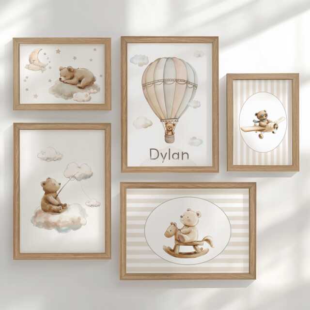 Teddy Bear Nursery Gallery Wall Set, Personalised Vintage Style Prints ...