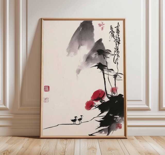 Japanese Ink Wash Painting Print - Minimalist Sumi-E Wall Art, Red ...