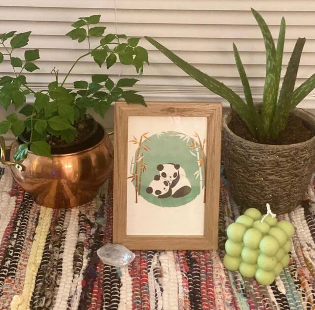 Framed Panda Print, Gold Foil Bamboo Accents Border An Aqua Circle ...