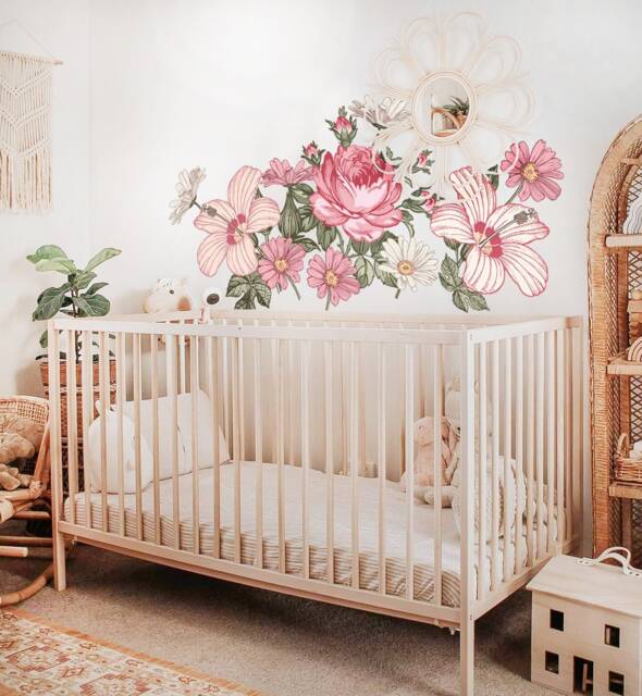 Floral Wall Decals Nursery, Pink Flower Decal For Girl Bedroom, Rose ...