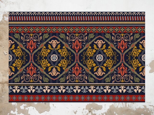 Floral Retro Rug Vinyl Mat, Red Linoleum Rug, Yellow Floor Antique ...