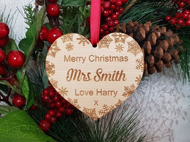 Teachers Christmas Gift, Personalised Tree Decoration, Snowflake Heart Design, Keyworker ...