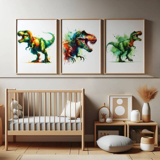 Watercolour Dinosaur Print Set - 3 T-Rex Posters - Nursery, Bedroom ...