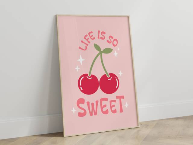Life Is Sweet Cherry Print - Pink Cherries Home Decor Positive Quote ...