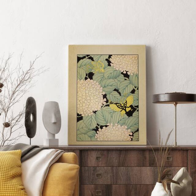 Vintage Japanese Botanical Canvas Art Print Butterfly Hydrangea Decor ...