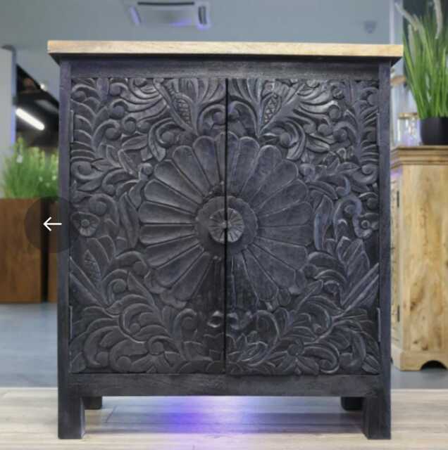 Black Carved Wood 2 Door Cupboard-Hand Ornate Shelved Storage Cupboard ...