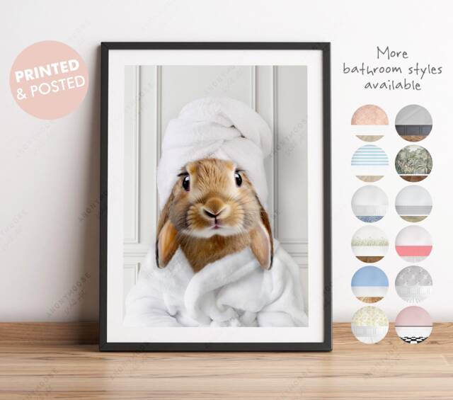 Rabbit in A Bathrobe Print, Bunny Bathing, Funny Bathroom Animal With ...