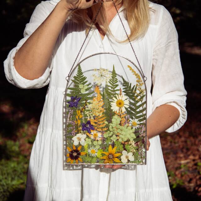 Large Pressed Flower Frame Stained Glass Suncatcher, Botanical Wall Art ...