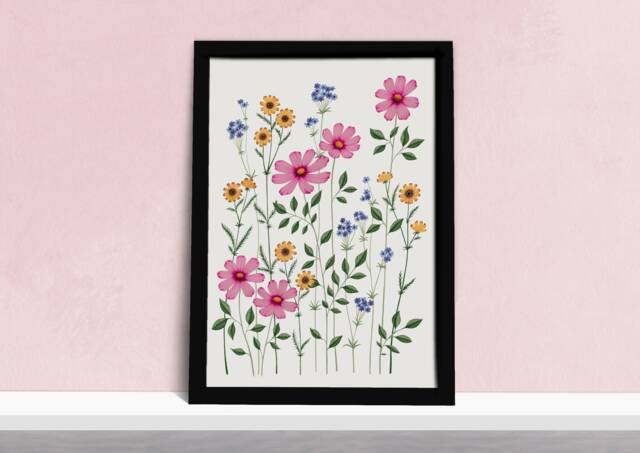 Wildflower Field Art Print - Pressed Flowers Poster Pink Delicate Floral Watercolour ...