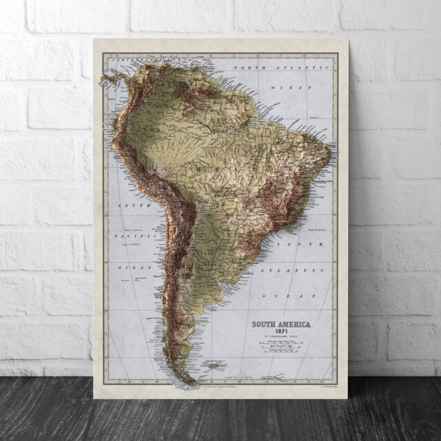 South America Map - Elevation 2D Gicl??e Vintage Poster Brazil by Etsy ...