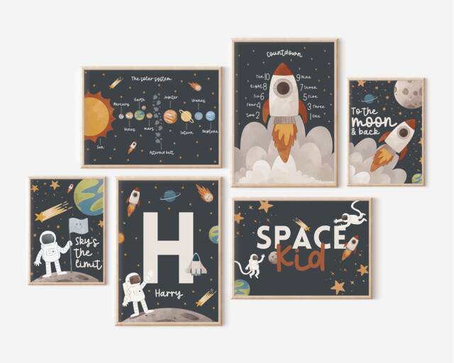 Personalised, Space Gallery Wall, Nursery Prints, Playroom, Boys Bedroom, Neutral Solar System ...