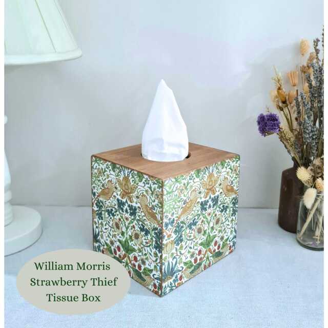William Morris Floral Tissue Box, Strawberry Thief Green & Gold Birds ...