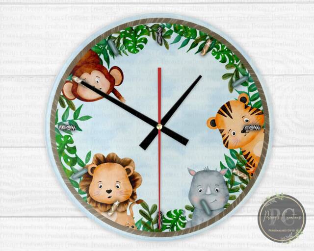Safari Jungle Animal Clock, 20 cm Glass Wall Childrens Bedroom Decor by ...