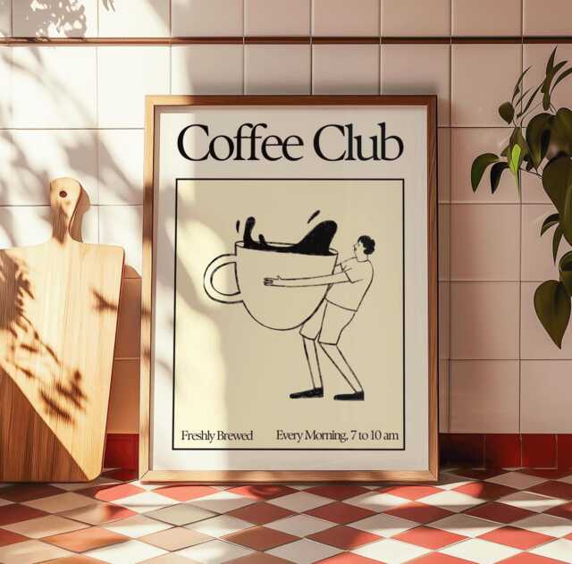 Coffee Club Print - Minimalist Wall Art Fun Retro Cafe Poster For ...