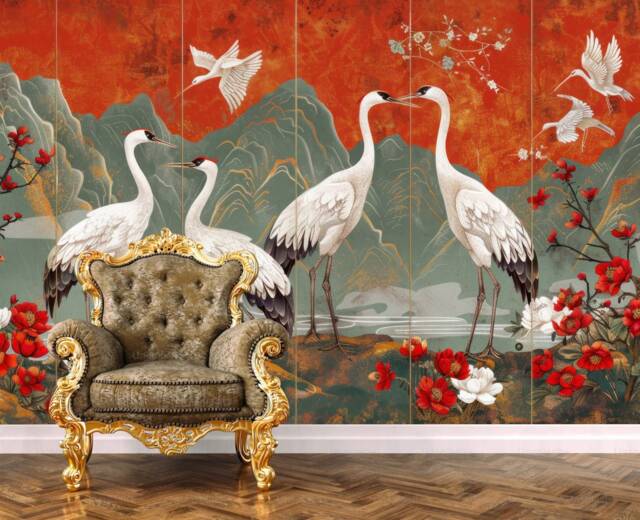 Folding Screen White Cranes Chinoiserie Flower Gift Art Print ...