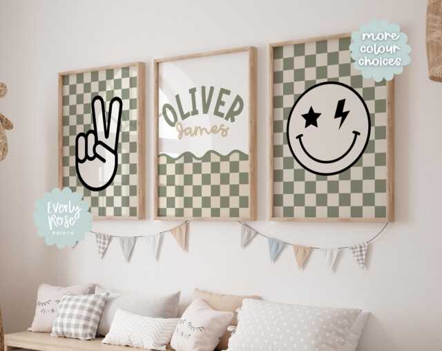 Set Of 3, Checkerboard Retro Style Prints, Smile Face Cool Kids Club ...