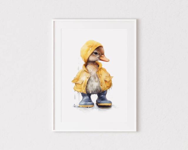 Cute Duck in Raincoat Print, Duck, Puddle, Rain, Raining, Ducks, Yellow ...