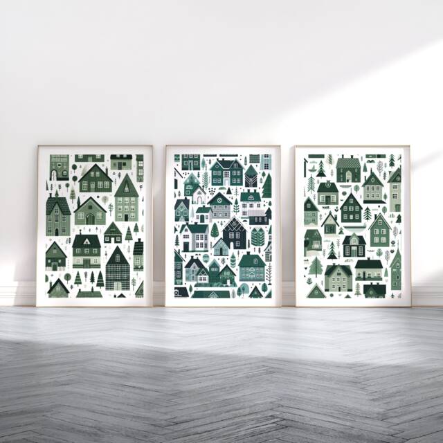 Scandi Houses Wall Decor Set - 3 Scandinavian Style Artwork - Retro Art ...