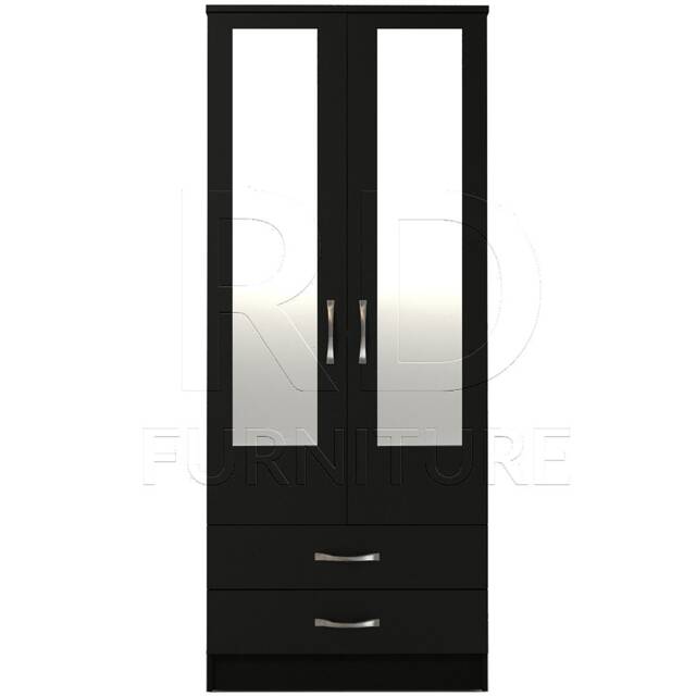 Black Wardrobe Ready Assembled Classic 2 Door Drawer Mirrored Wardrobe ...