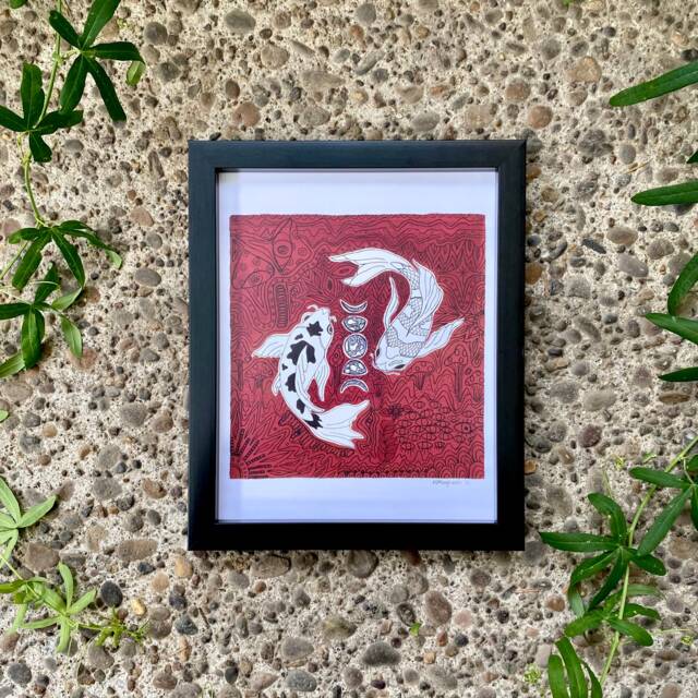 Pisces Zodiac Art, Yin & Yang Koi Fish Moon Phases Meditation Decor ...