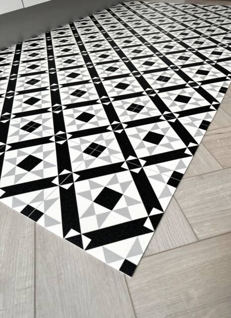 Vinyl Runner Rug in Black & White Geometric Tile Pattern, Victorian ...