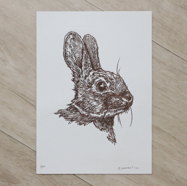 Brown Rabbit - Original Lino Cut Print Bunny Art Limited Edition ...