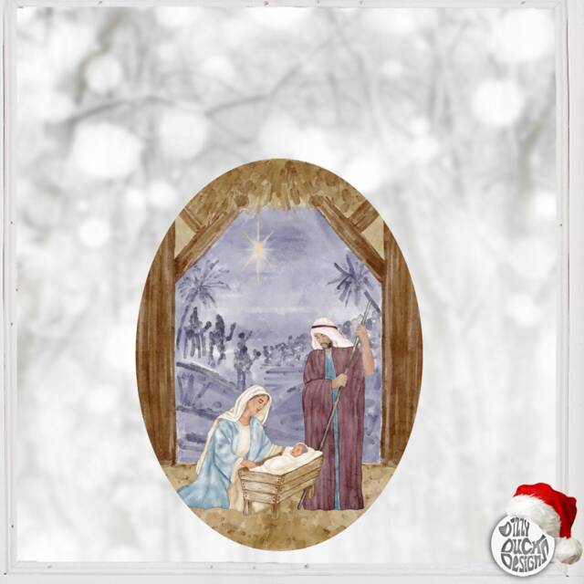 Watercolour Nativity Scene Oval Window Decal - Christmas Story Cling ...