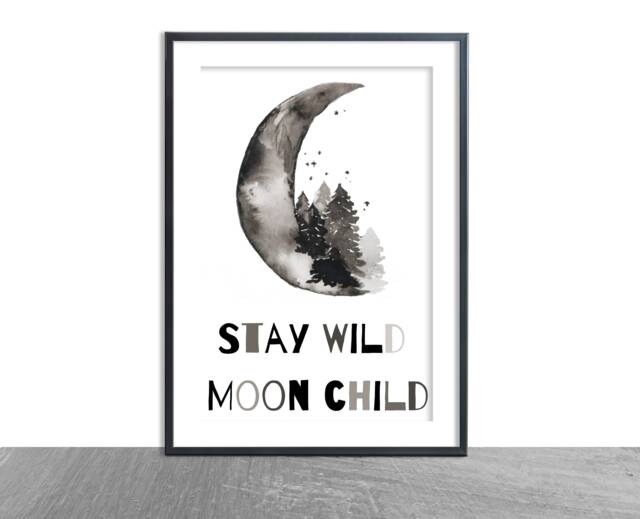 stay Wild Moon Child - Phase Full Moon Half Black & Grey Watercolour ...