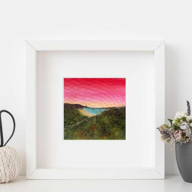 Original Textile Sunset Beach Seascape With Distant Lighthouse & Boat ...