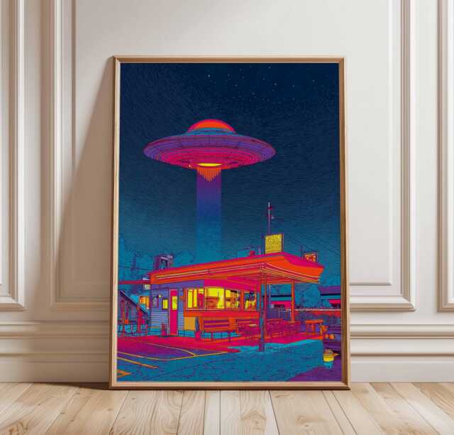 Retro Ufo Diner Poster - Vibrant Neon Alien Abduction Art Print, 80S ...