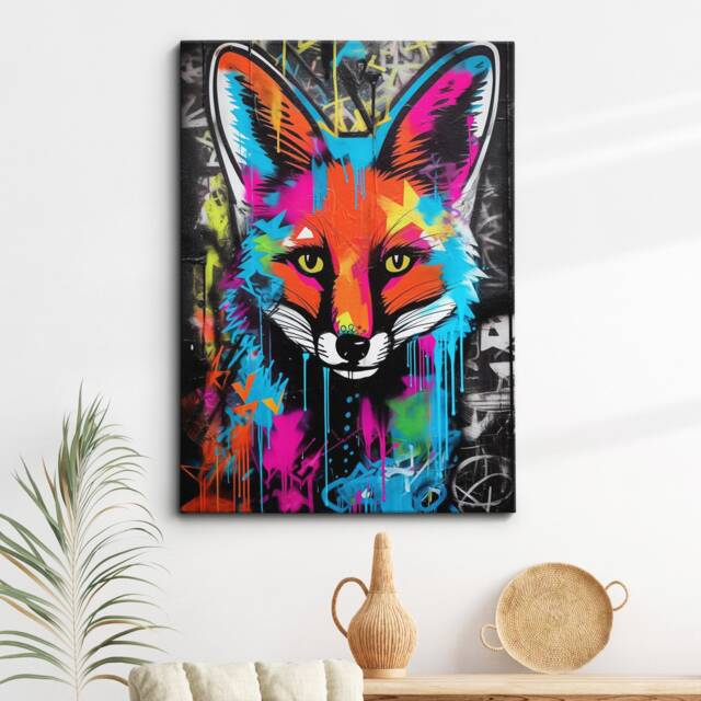 Colorful Fox Graffiti Abstract Oil Painting Splatter Style Wall Art, Framed Canvas Poster Print ...