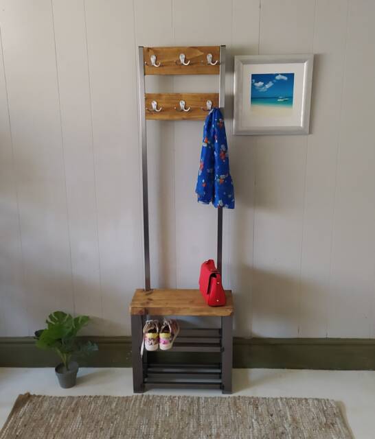Coat Stand With Bench Seat, Double Shoe Rack To Base, Row Of Coat Hooks ...