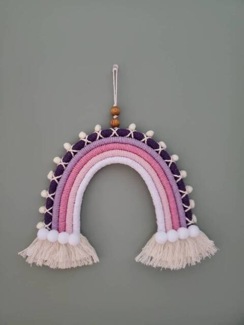 Girl Nursery Deco Rainbow Wall Hanging Macrame With Pompom , Boho ...