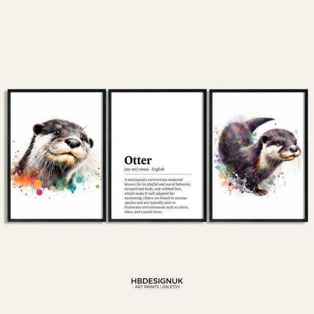 Otter Poster Set - Of 3 Prints - Watercolour Print Wall Hanging Decor ...