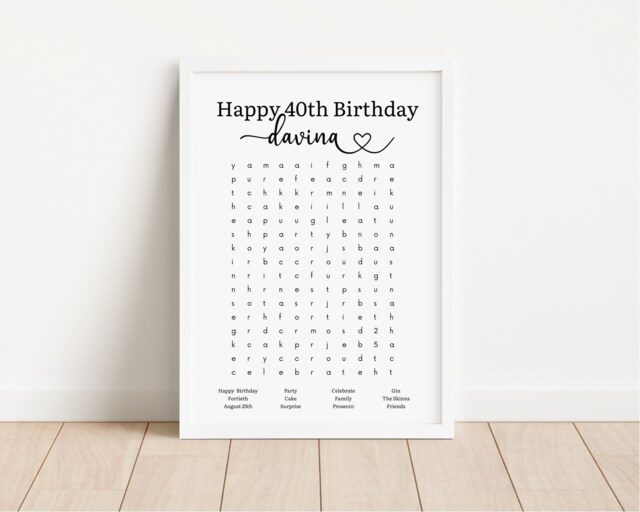 40Th Birthday Word Search Print, Personalised Print For Birthday, Gift ...