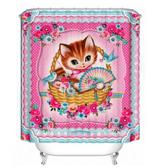 "Kawaii Kitten Shower Curtain Pink Kitsch Cat With Fan - 71"" X 71" by ...