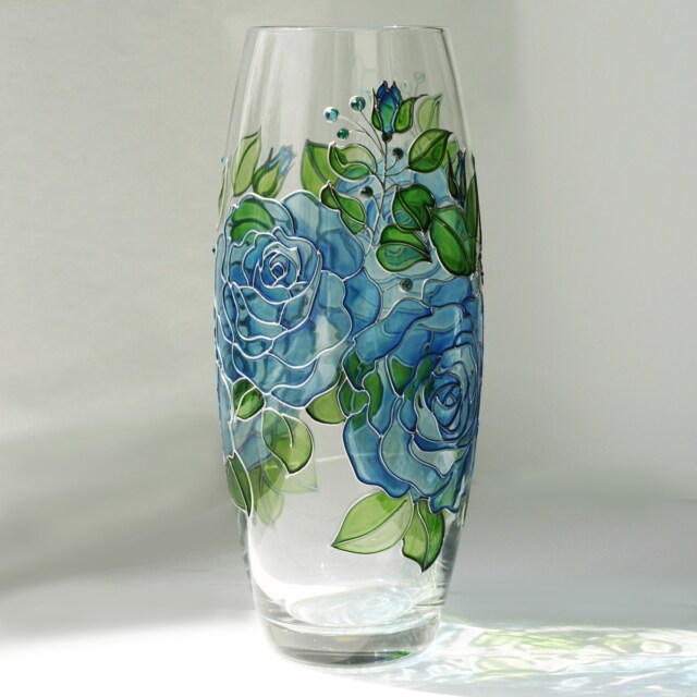 Vase With Blue Roses Stained Glass Hand Painted Vase Handpainted Personalized Rose Original Gift ...