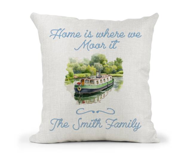Personalised Canal Boat, Narrow Barge Cream Canvas Cushion, Home Is ...