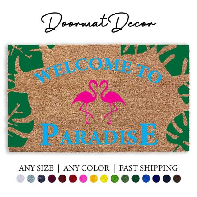 Welcome To Paradise Flocked Coir Doormat Flamingo Outdoor Mat With Palm ...