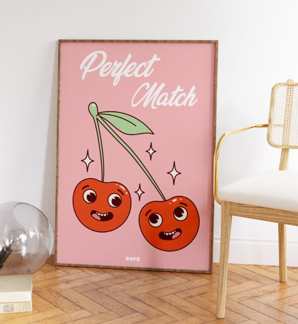 Perfect Match Cherry Valentines Day Poster, Quirky Poster Print, Wall ...