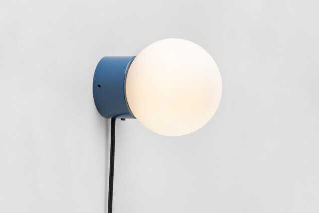 Zoe Wall Sconce Navy Blue Plug-In On/Off Switch White Sphere Milk Glass ...
