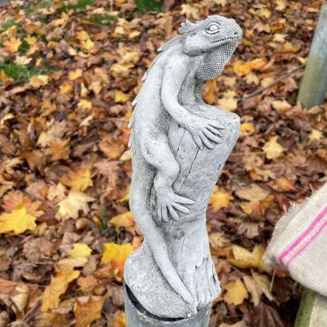 Lizard On Log Stone Statue Outdoor Garden Ornament Iguana Gecko Animal ...