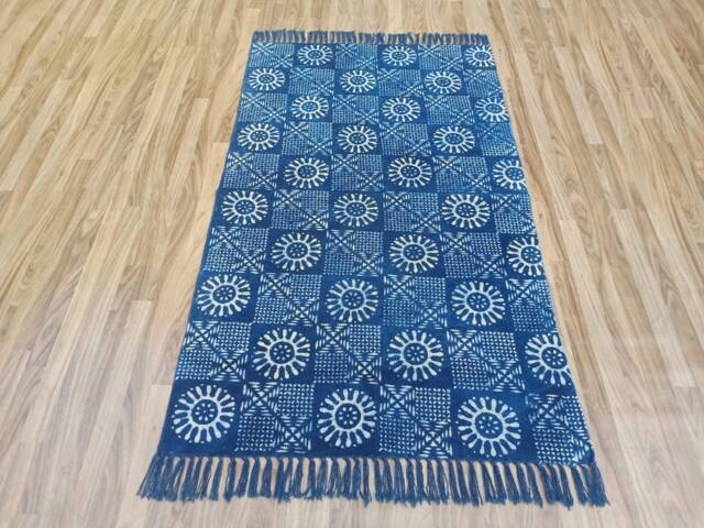 Block Printed Dhurrie, Handblock Cotton Indigo Rug, Handmade Geometric ...